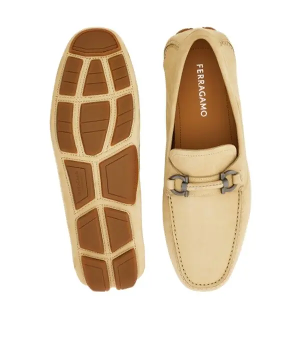 FERRAGAMO Gancini Ornament Nubuck Driver - Ecru