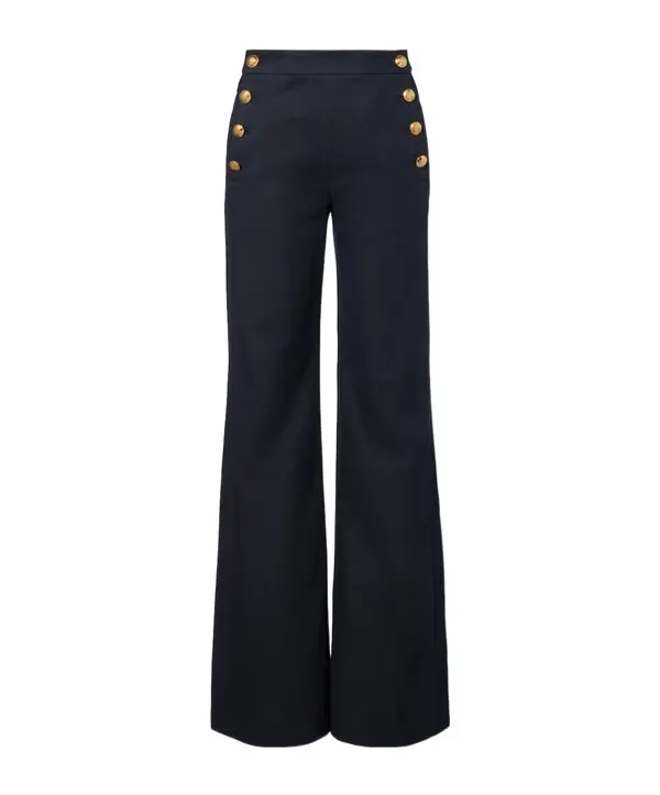 NILI LOTAN Reed Cotton And Linen Flared Trousers With Gold Buttons - Black