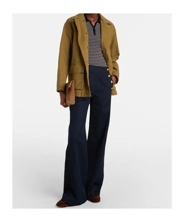 NILI LOTAN Reed Cotton And Linen Flared Trousers With Gold Buttons - Black