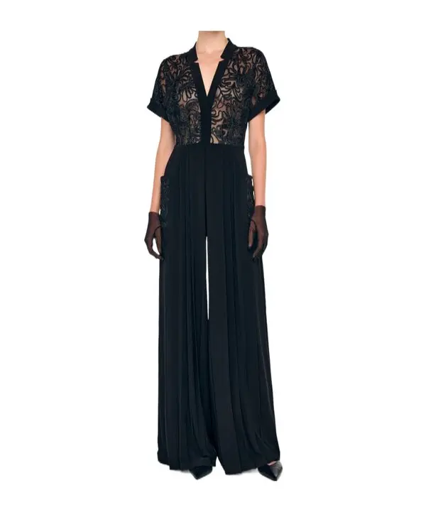 Norma Kamali Geralyn Short-sleeves Jumpsuit With Lace Detail - Black