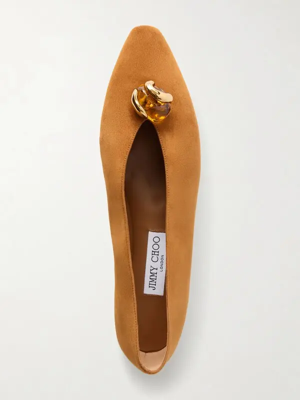 JIMMY CHOO Margot Embellished Suede Ballet Flats - Brown