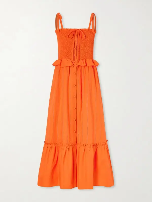 Loretta Caponi Alberica Ruffled Shirred Cotton-poplin Midi Dress - Orange