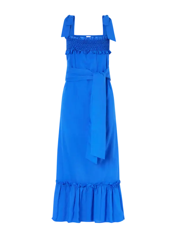 Loretta Caponi Armida Belted Ruffled Smocked Cotton-poplin Maxi Dress - Blue