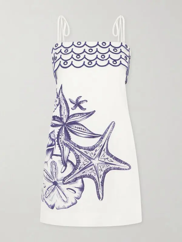 Farm Rio Coast Stars Linen Mini Dress - Neutrals