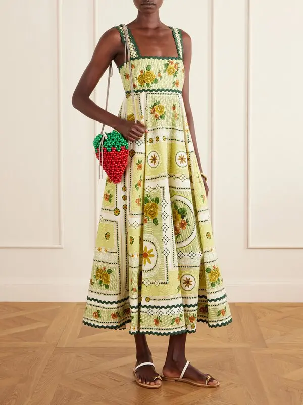 ALEMAIS Dixie Pleated Floral-print Cotton-poplin Midi Dress - Green