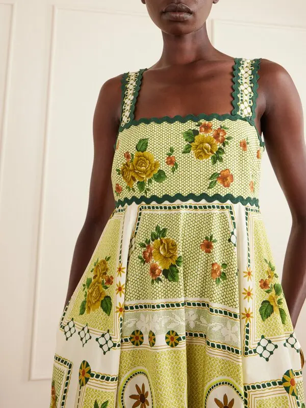 ALEMAIS Dixie Pleated Floral-print Cotton-poplin Midi Dress - Green