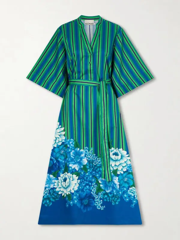 ALEMAIS Margo Belted Striped Floral-print Organic Cotton-poplin Midi Dress - Multi