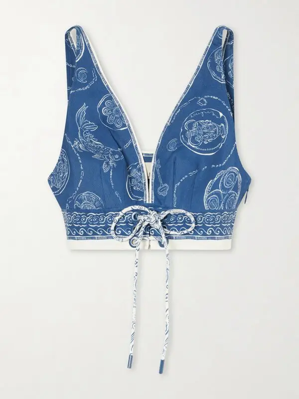 ALEMAIS Lucky' Cropped Printed Linen Top - Blue