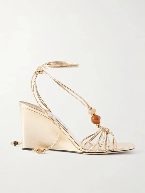 JIMMY CHOO Lova 85 Embellished Metallic Leather Wedge Sandals - Gold