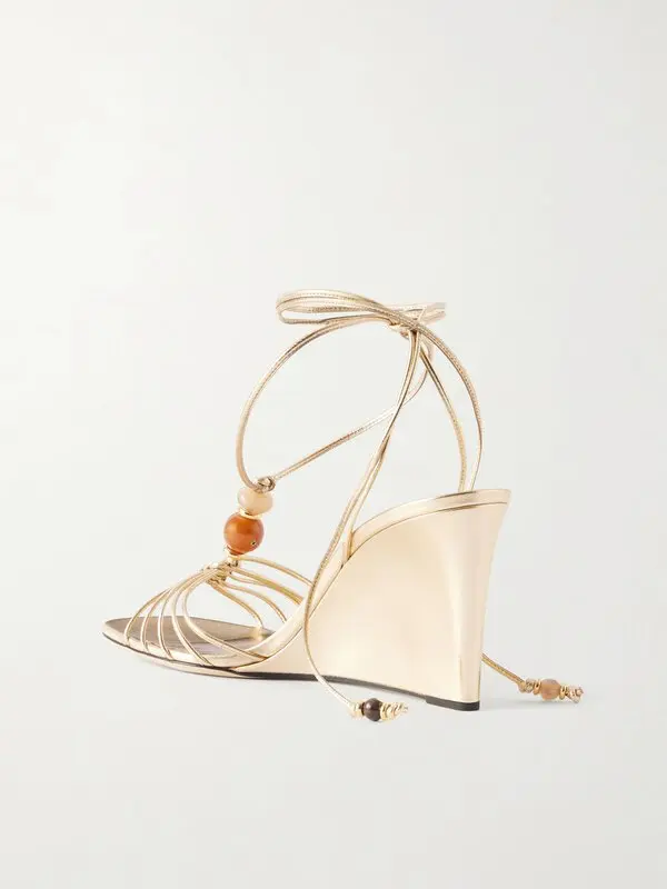 JIMMY CHOO Lova 85 Embellished Metallic Leather Wedge Sandals - Gold
