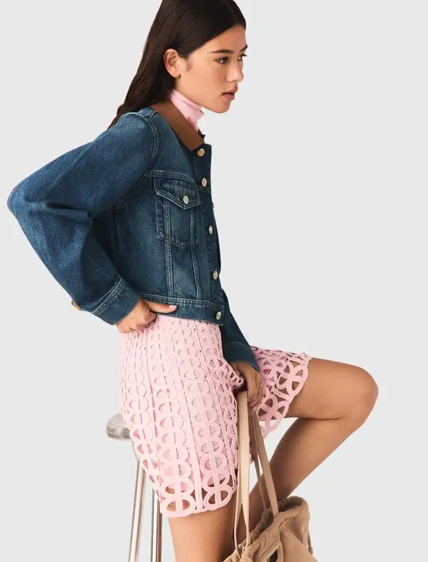Maje Cropped Denim Jacket With Leather Collar