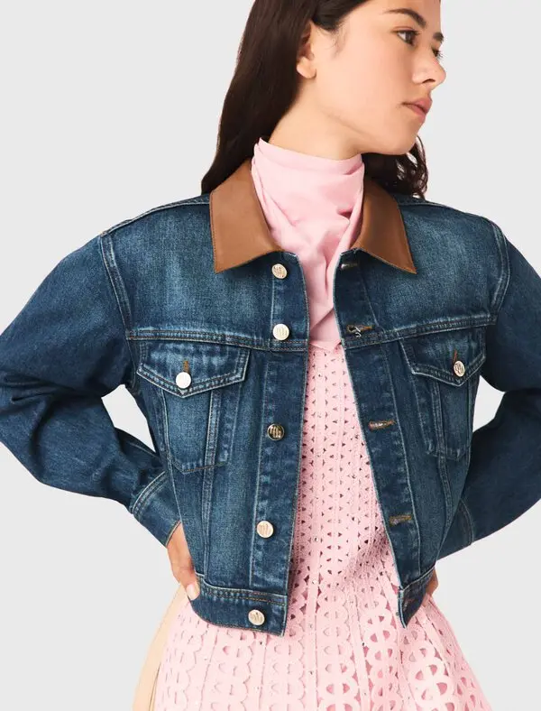 Maje Cropped Denim Jacket With Leather Collar
