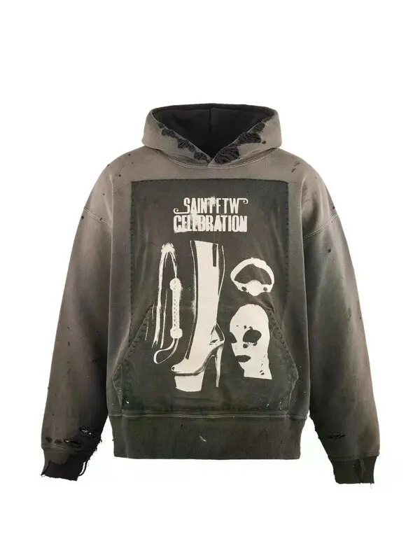 SAINT MXXXXXX Distressed Graphic Hoodie - Black
