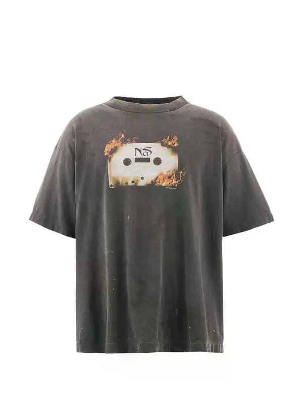 SAINT MXXXXXX Distressed Graphic-print T-shirt - Black