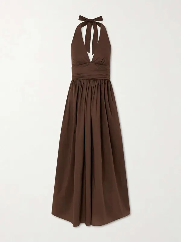 Matteau Gathered Organic Cotton-poplin Halterneck Maxi Dress - Chocolate