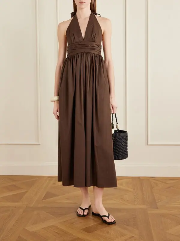 Matteau Gathered Organic Cotton-poplin Halterneck Maxi Dress - Chocolate