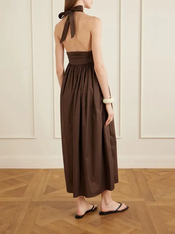 Matteau Gathered Organic Cotton-poplin Halterneck Maxi Dress - Chocolate