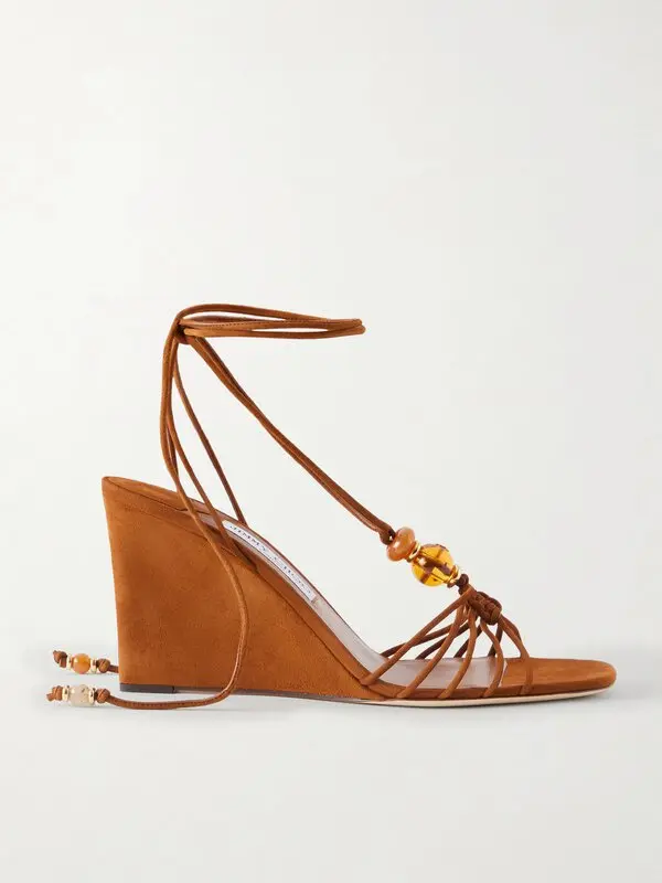 JIMMY CHOO Lova 85 Embellished Suede Wedge Sandals - Brown