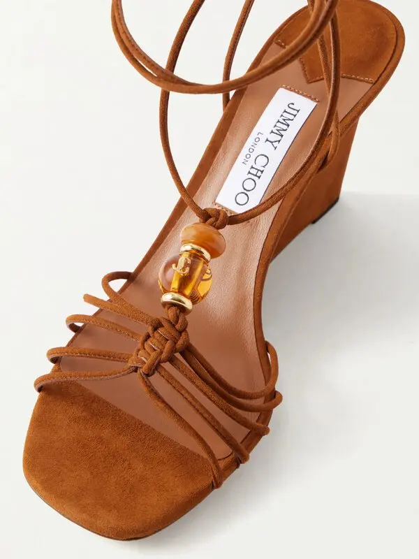 JIMMY CHOO Lova 85 Embellished Suede Wedge Sandals - Brown