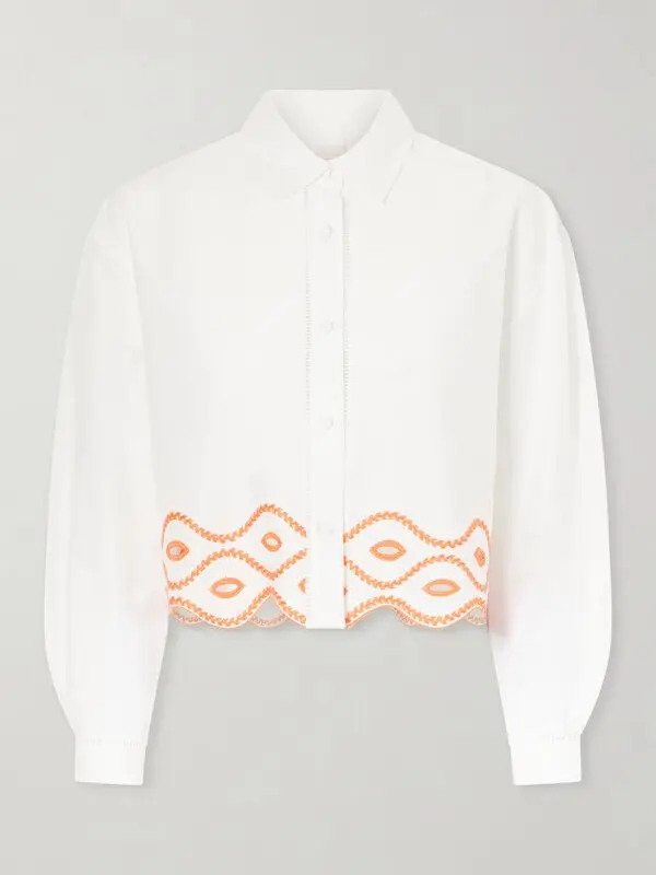 Loretta Caponi Assia Cropped Broderie Anglaise Cotton-voile Shirt - White