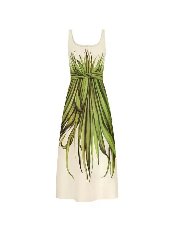 Oscar De La Renta Palm Leaves Cotton Poplin Dress - Neutrals