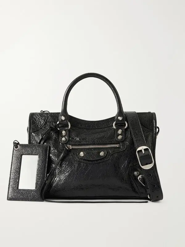 Balenciaga Le City Crinkled Glossed-leather Shoulder Bag - Black