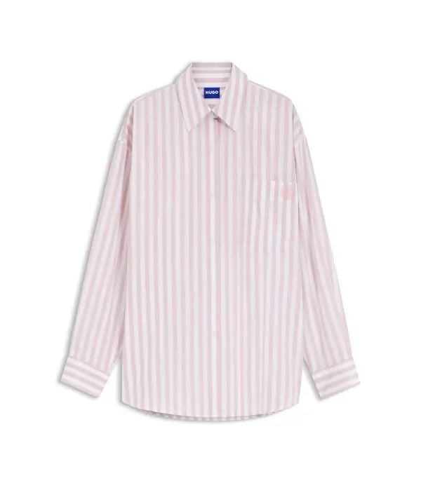 Hugo Striped Cotton Oversized Shirt With Logo Detail - Patterned
