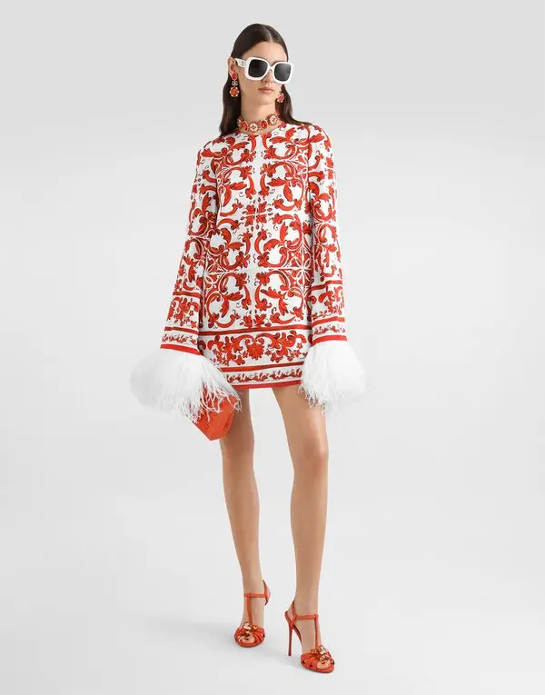 Dolce & Gabbana Majolica-print Charmeuse Dress With Feather Trim