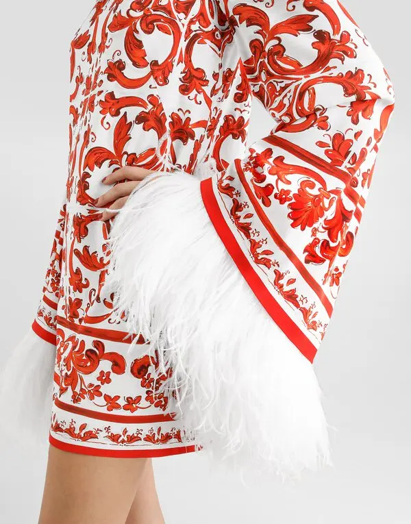 Dolce & Gabbana Majolica-print Charmeuse Dress With Feather Trim