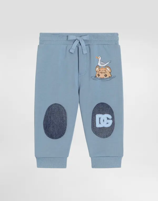 Dolce & Gabbana Fleece Trousers With Leopard Print And Dg Patch - Blue
