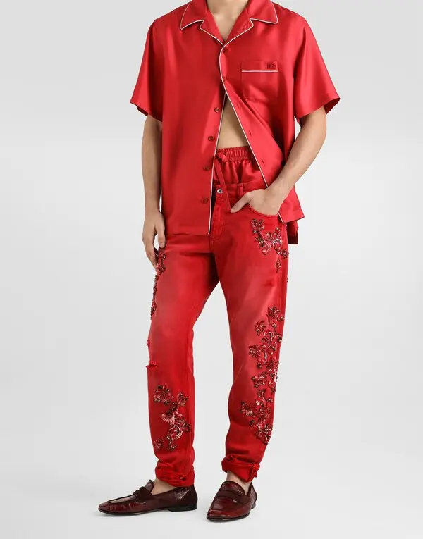 Dolce & Gabbana Embellished Cotton Denim Trousers