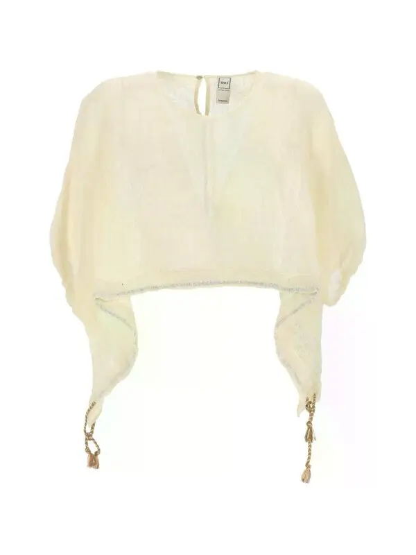 120% Lino Asymmetrical Hem Top With Tassel Detail - Neutrals