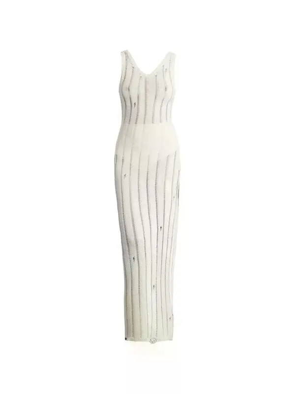 LANEUS Distressed Ribbed-knit V-neck Dress