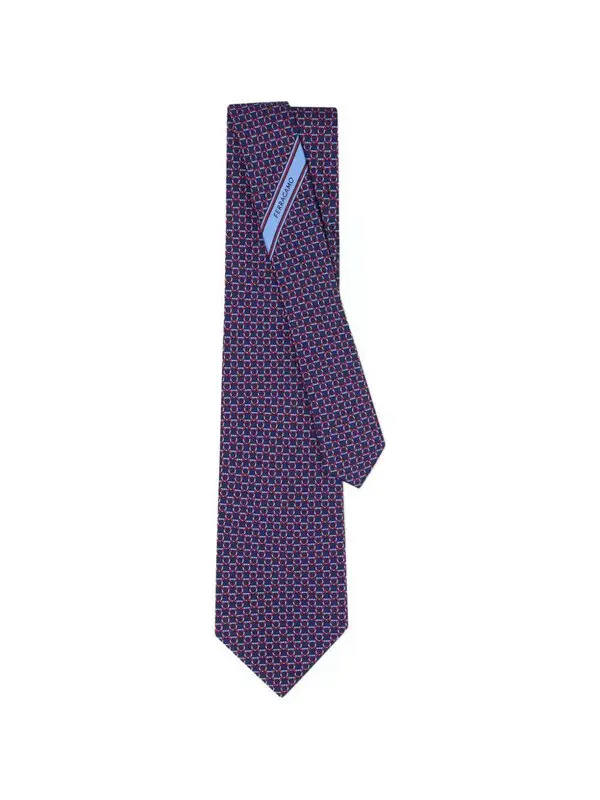 FERRAGAMO Gancini Link Print Silk Tie - Blue