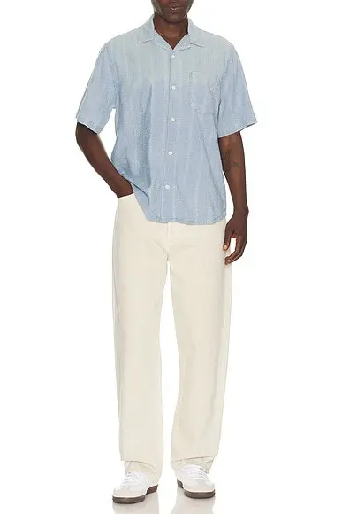 CORRIDOR Striped Seersucker Short Sleeve Shirt - Indigo