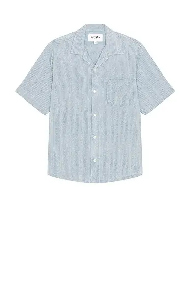CORRIDOR Striped Seersucker Short Sleeve Shirt - Indigo