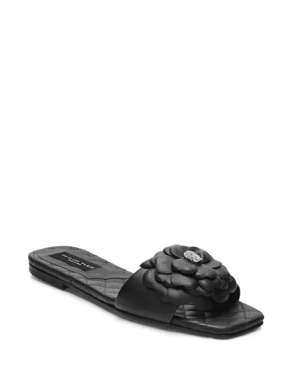 Philipp Plein Leather Flat Slides With Floral Embellishment