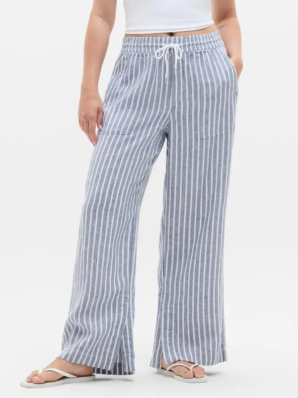 Athleta Retreat Linen High Rise Wide Leg Pant - Shadow Blue Stripe