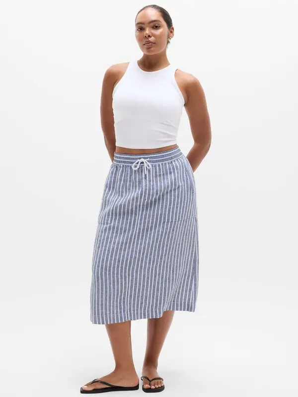 Athleta Retreat Linen Midi Skirt With Drawstring Waist