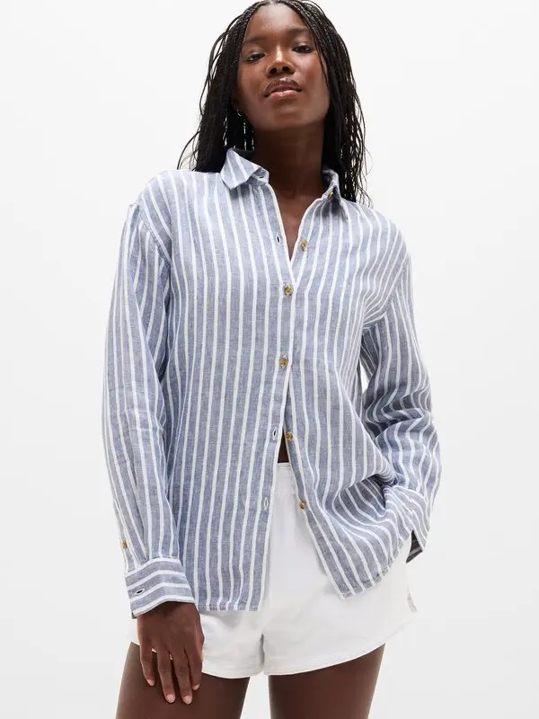 Athleta Retreat Linen Stripe Button-up Shirt - Shadow Blue Stripe