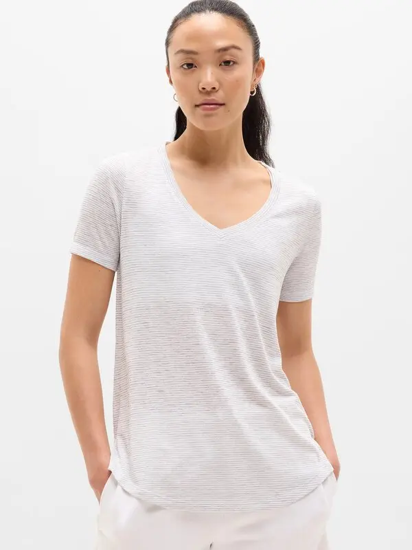 Athleta Breezy Scoop V-neck Tee - Cobblestone Grey Stripe