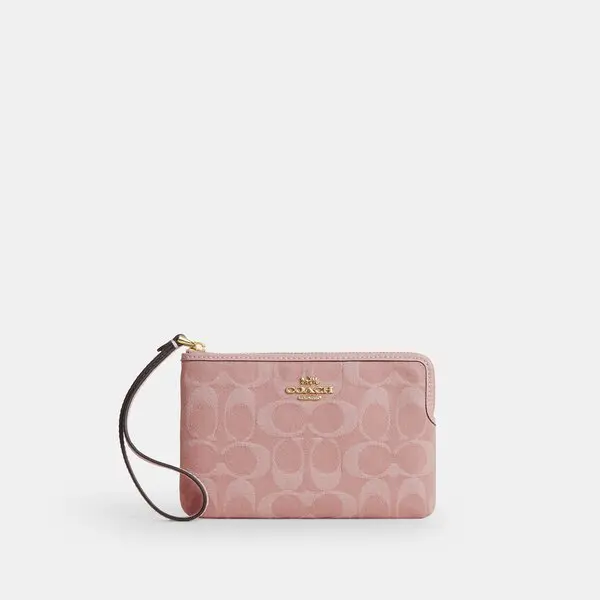 COACH OUTLET Signature Denim Corner Zip Wristlet - Gold/light Pink