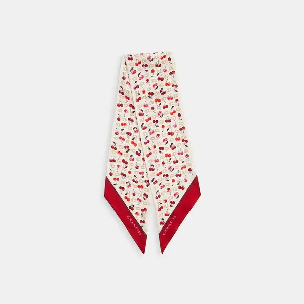 COACH OUTLET Sculpted C Cherries Print Silk Wide Skinny Scarf - Chalk/red