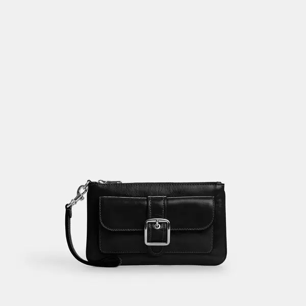 COACH OUTLET Coach Ashton Glazed Leather Wristlet With Buckle Detail - Silver/black