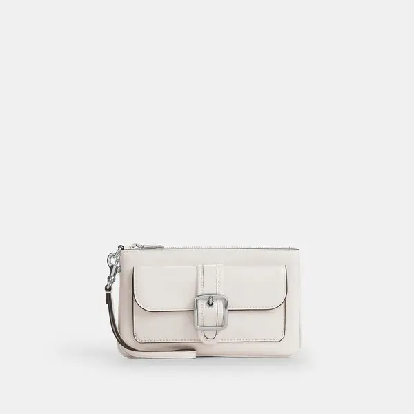 COACH OUTLET Coach Ashton Glazed Leather Wristlet With Buckle Detail - Silver/chalk