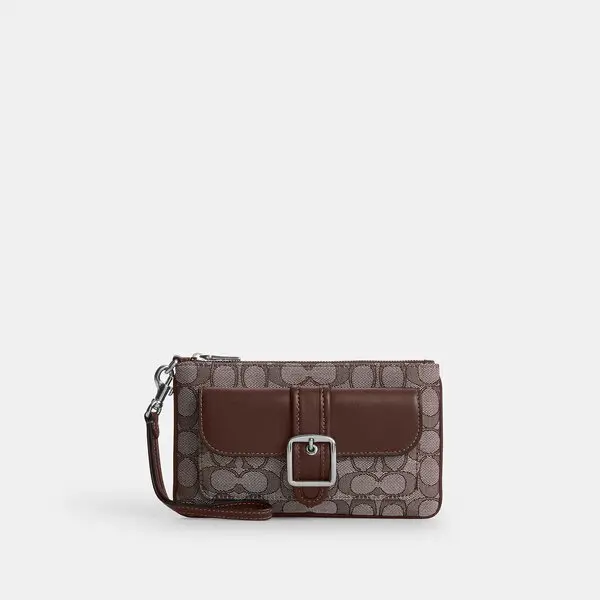 COACH OUTLET Coach Signature Jacquard Wristlet With Leather Accents - Silver/oak/maple