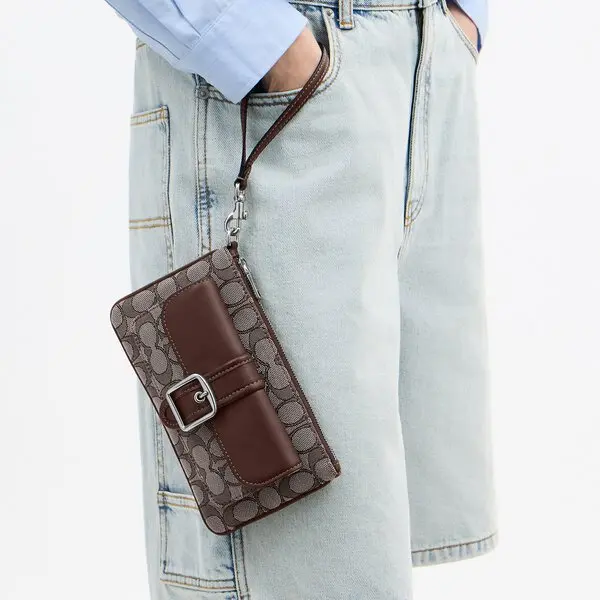 COACH OUTLET Coach Signature Jacquard Wristlet With Leather Accents - Silver/oak/maple