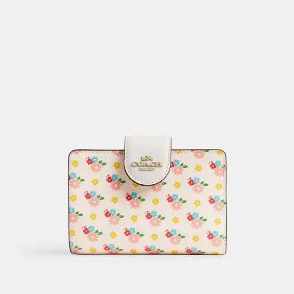 COACH OUTLET Medium Corner Zip Wallet With Floral Print - Gold/chalk
