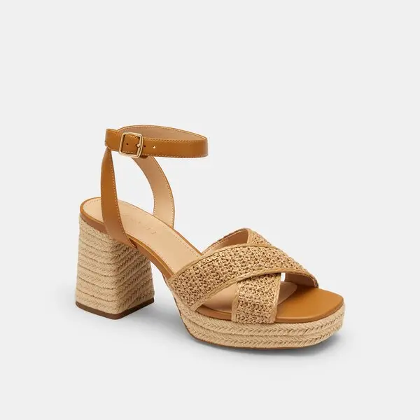 COACH OUTLET Block Heel Sandal With Raffia Detailing - Natural