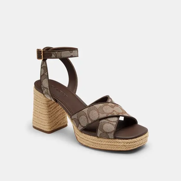 COACH OUTLET Block Heel Sandal In Signature Jacquard - Oak/maple